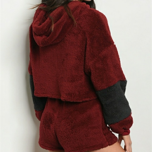 hello miss | Tops | Hello Miss Plush Burgundy Hoodie Sweater Shorts ...